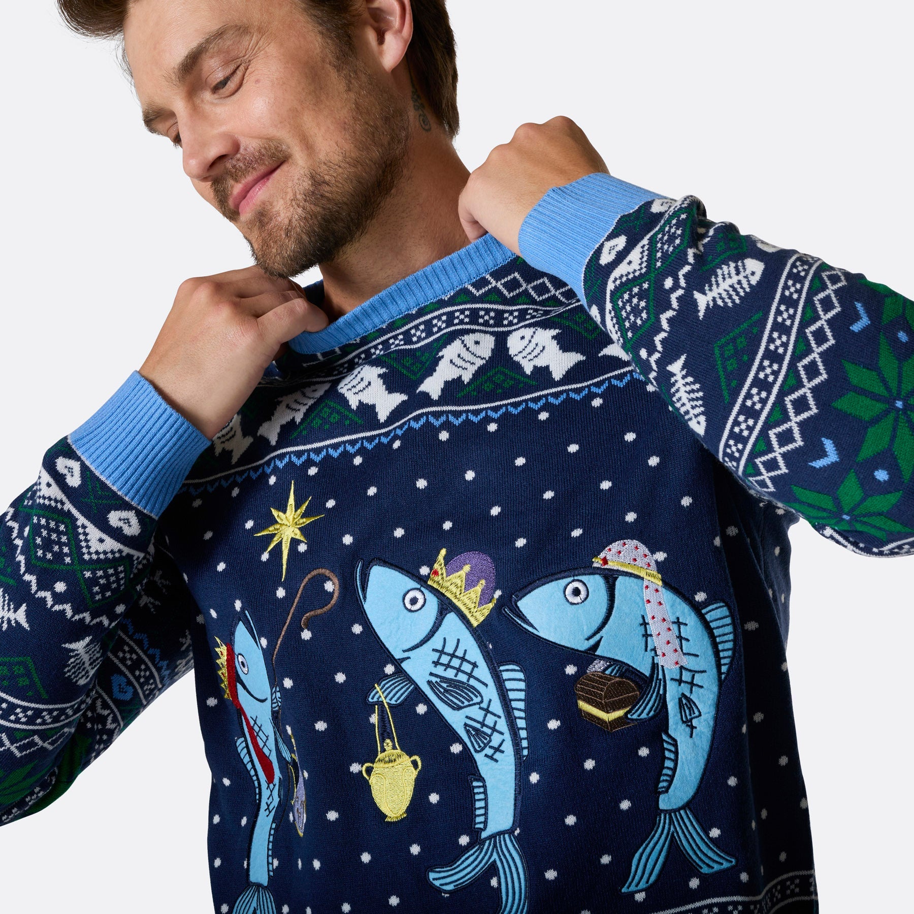 Men’s Fish Jumper – Three Wise Fish Christmas Knit – SillySanta.uk
